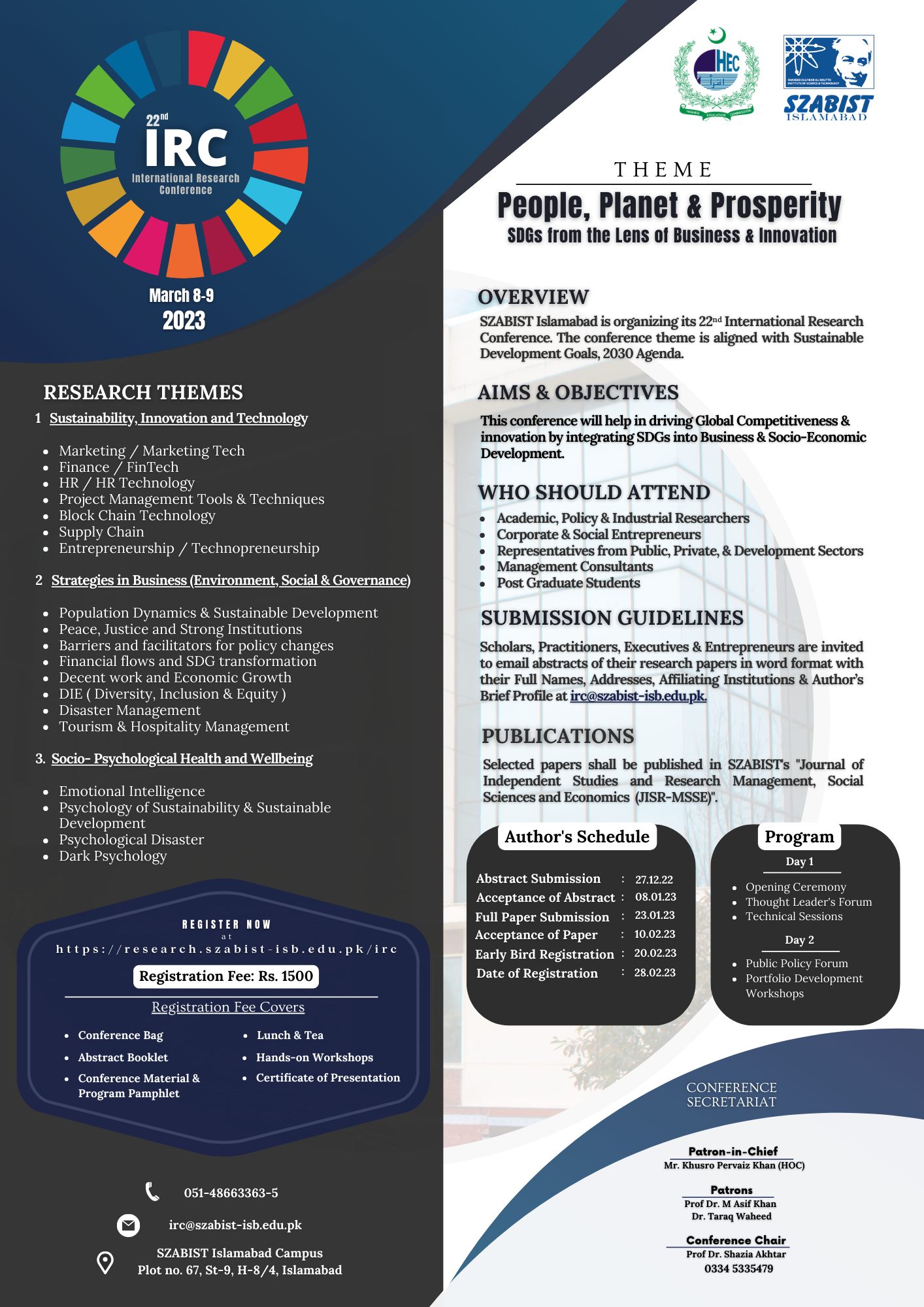 22nd International Research Conference 2023 | SZABIST University Islamabad